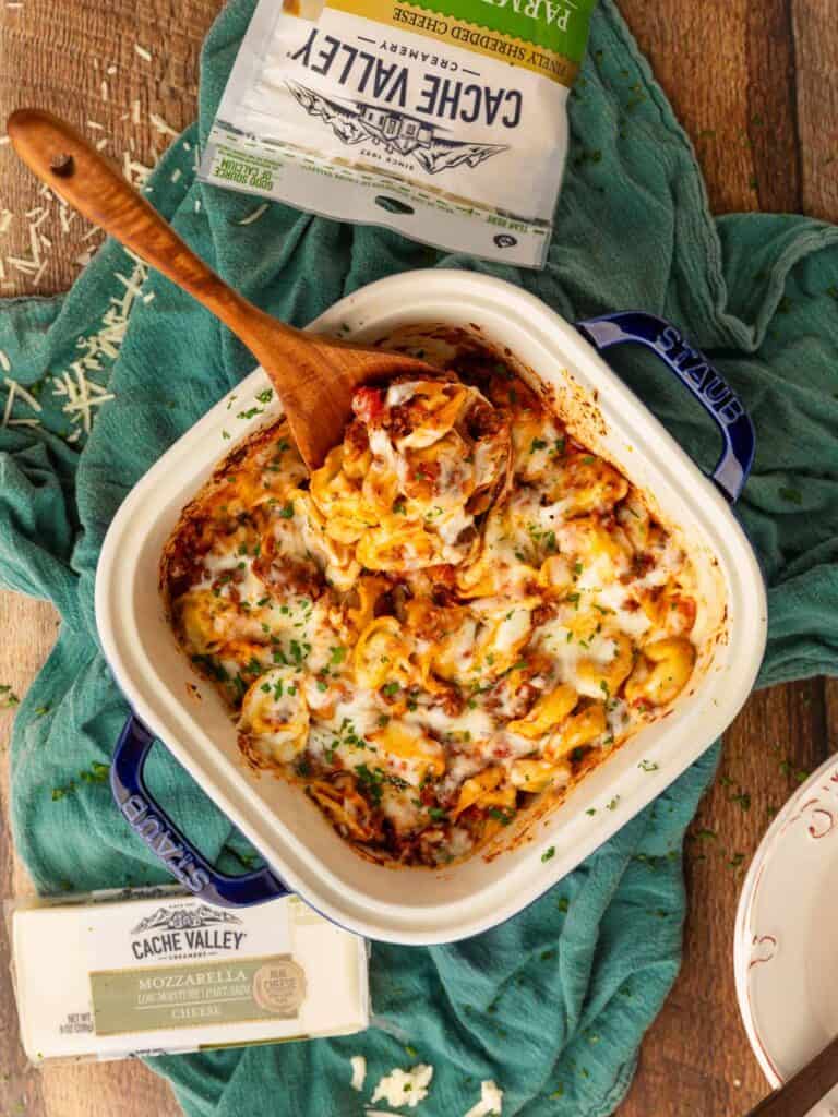 Cheesy Baked Tortellini with Meat Sauce | Scarlati Family Kitchen